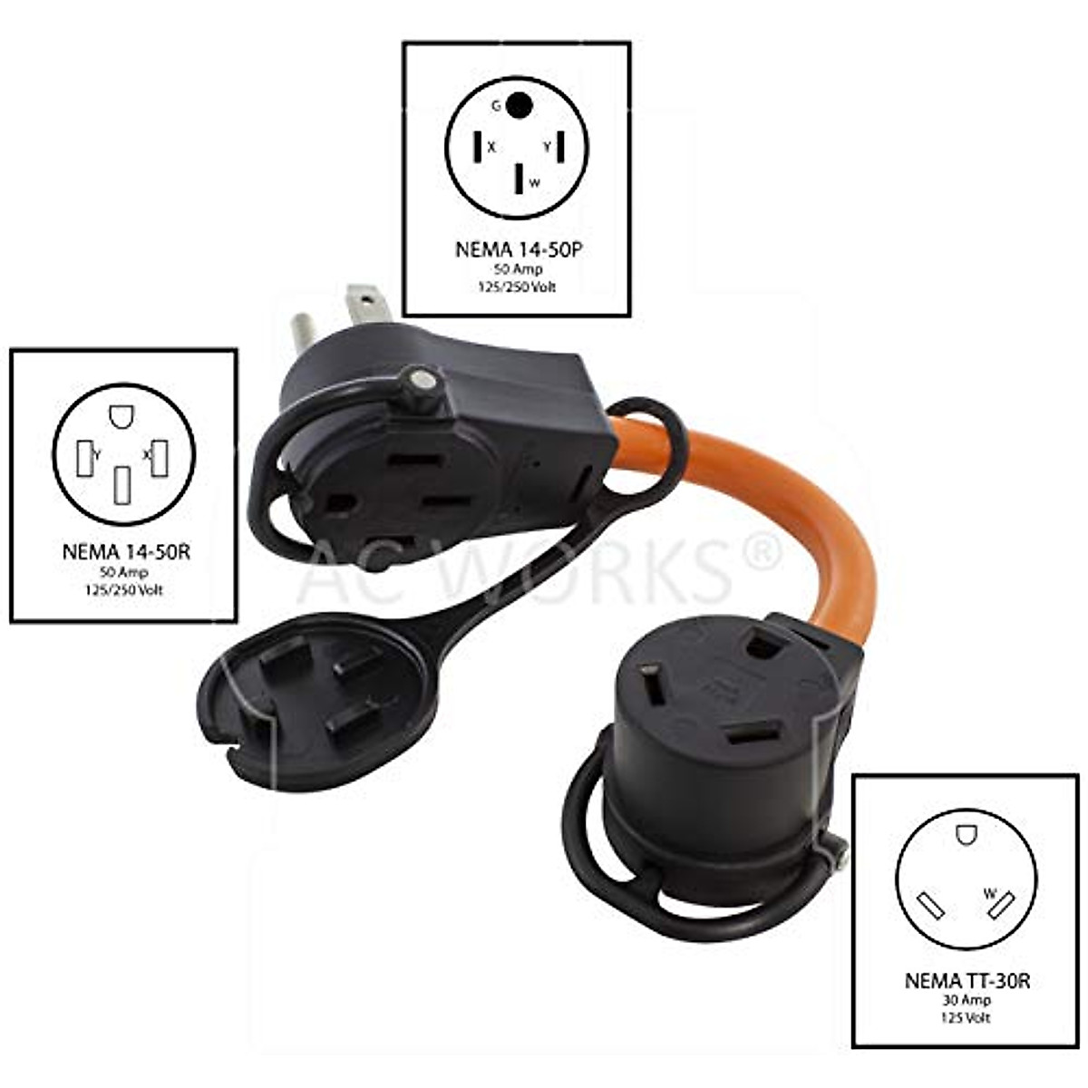 AC WORKS 50-Amp RV/Range/Generator 14-50 Piggy-Back Plug Adapter (To TT-30R RV 30-Amp)