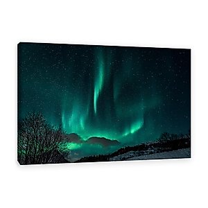 Aurora Scenery Painting on Canvas Prints,Green Aurora Borealis Starry Sky,Canvas Wall Art,for Bedroom Modern Scenery Painting Print Artwork Ready to Hang 80x120cm(31x47in) Framed