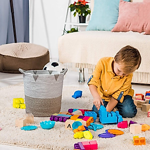 Cotton Rope Woven Storage Basket,2-Pack 12x12x14 Round Organizer Baskets,With Handles Foldable basket For kids& Pets ,Toy, Towels, Blanket ,Clothes.Decorative Basket for Living Room (White&Brown)