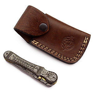 WolfKlinge Custom Handmade Damascus Steel Folding Pocket Knife for EDC,Hunting,Survival,Camping,Buschcraft and Fishing with Full Tang Damascus Handel with Cowhide-Leather Sheath DCF18-110