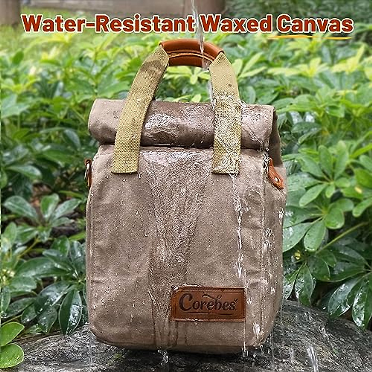 Corebes Insulated Lunch Bag for Men/Women, 11L Waxed Canvas Lunch Box with Adjustable Shoulder Strap & Double Hook-and-Loop Handles for Work Picnic Hiking