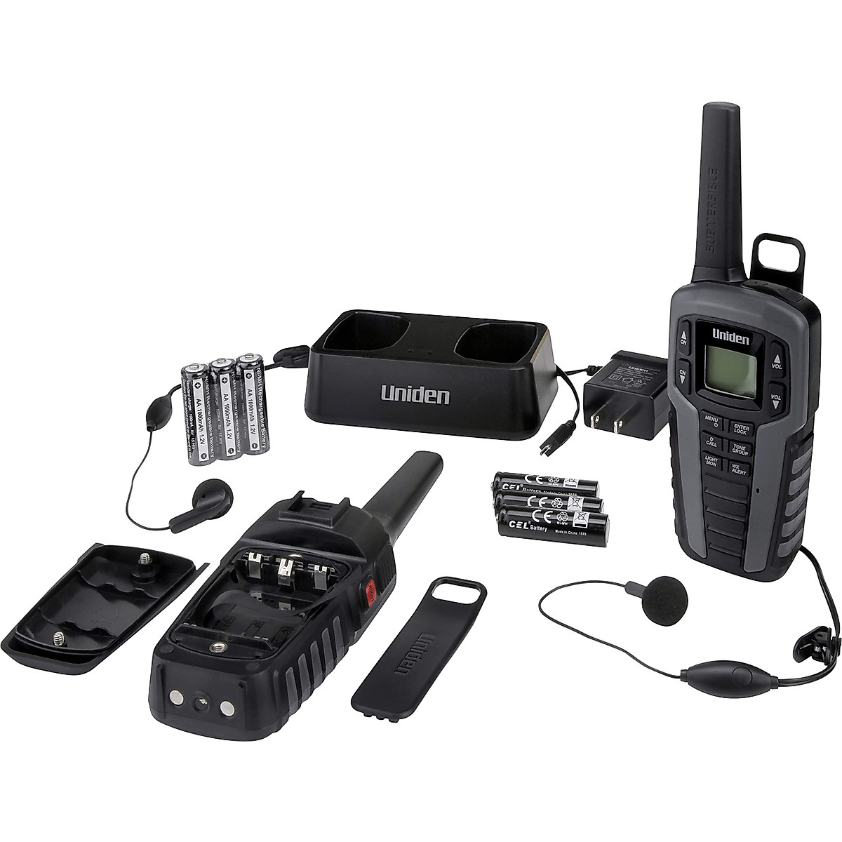 Uniden SX507-2CKHS Up to 50 Mile Range Two-Way Radio Walkie Talkies W/Dual Charging Cradle, Waterproof, Floats, 22 Channels, 142 Privacy Codes, NOAA Weather Scan + Alert, Includes 2 Headsets, Grey