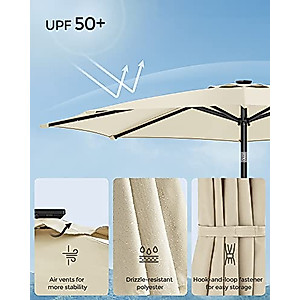 SONGMICS 9 ft Solar Patio Umbrella, 32 LED Lights, Lighted Table Outdoor Umbrella, UPF 50+, 30° Dual-Tilt System, for Garden Balcony Patio Backyard Market, Without Base, Beige UGPU11BE