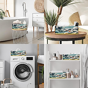 Traditional Japanese Waves Narrow Foldable Bathroom Storage Basket Bins, Toilet Tank Paper Basket Box with Handles, Fabric Containers Organizing for Vanities Cabinets Towels