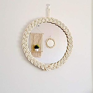 Hanging Wall Mirror with Macrame Fringe, Round Antique Mirror Frame Art, Bohemian Handmade Decor for Apartment Living Room Bedroom Baby Nursery Dorm Entryways Gift F