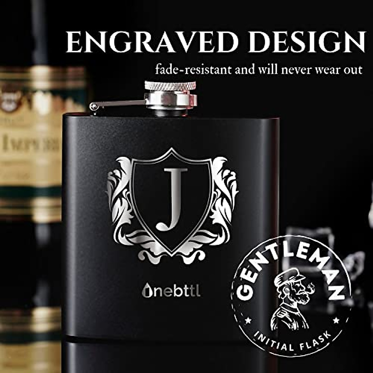 Onebttl Flasks for Liquor with Initials, Monogrammed Stainless Steel 6oz Hip Flask for Men Women, Funny Personalized Gift for Dad, Grandpa, Boss for Birthday, Father's Day, Boss Day, Christmas - G