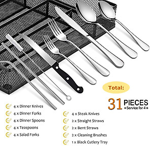 E-far 31-Piece Silverware Set, Stainless Steel Flatware Cutlery Set Service for 4 with Mesh Utensil Drawer Organizer, Include Forks/Spoons/Knives/Steak Knives/Straws, Mirror Polish & Dishwasher Safe