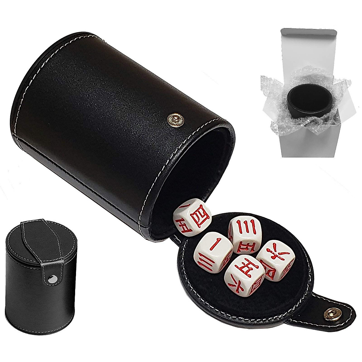 Cyber-Deals Set of Dice Cup with Storage Compartment Black PU Leather Felt Lined + (5) 16mm Rounded Corners Chinese Japanese Dice (Gift Boxed) (Black Felt Lining)