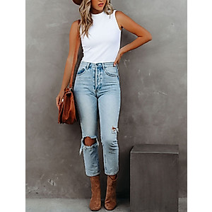 Areecin Women's Mock Neck Tank Tops Summer Sleeveless Pullover Tops Slim Fit Ribbed Shirts Casual Basic Blouses White L