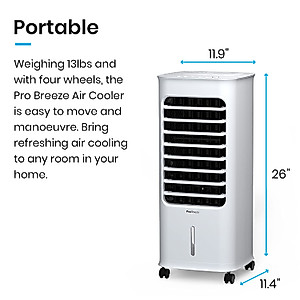 Pro Breeze Evaporative Air Cooler For Room Cooling Fan - 3-in-1 Air Cooler Portable with 6 QTS Tank, 70° Oscillation & 7hr Timer - Portable Swamp Cooler with Remote Control