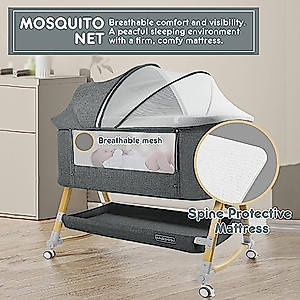 HARPPA Baby Bassinet Bedside Sleeper (Diaper Changing Station + Mosquito Net Included), Adjustable Bedside Crib with Storage, Converts to Cradle and Cosleeper, Portable, Easy Folding. Grey