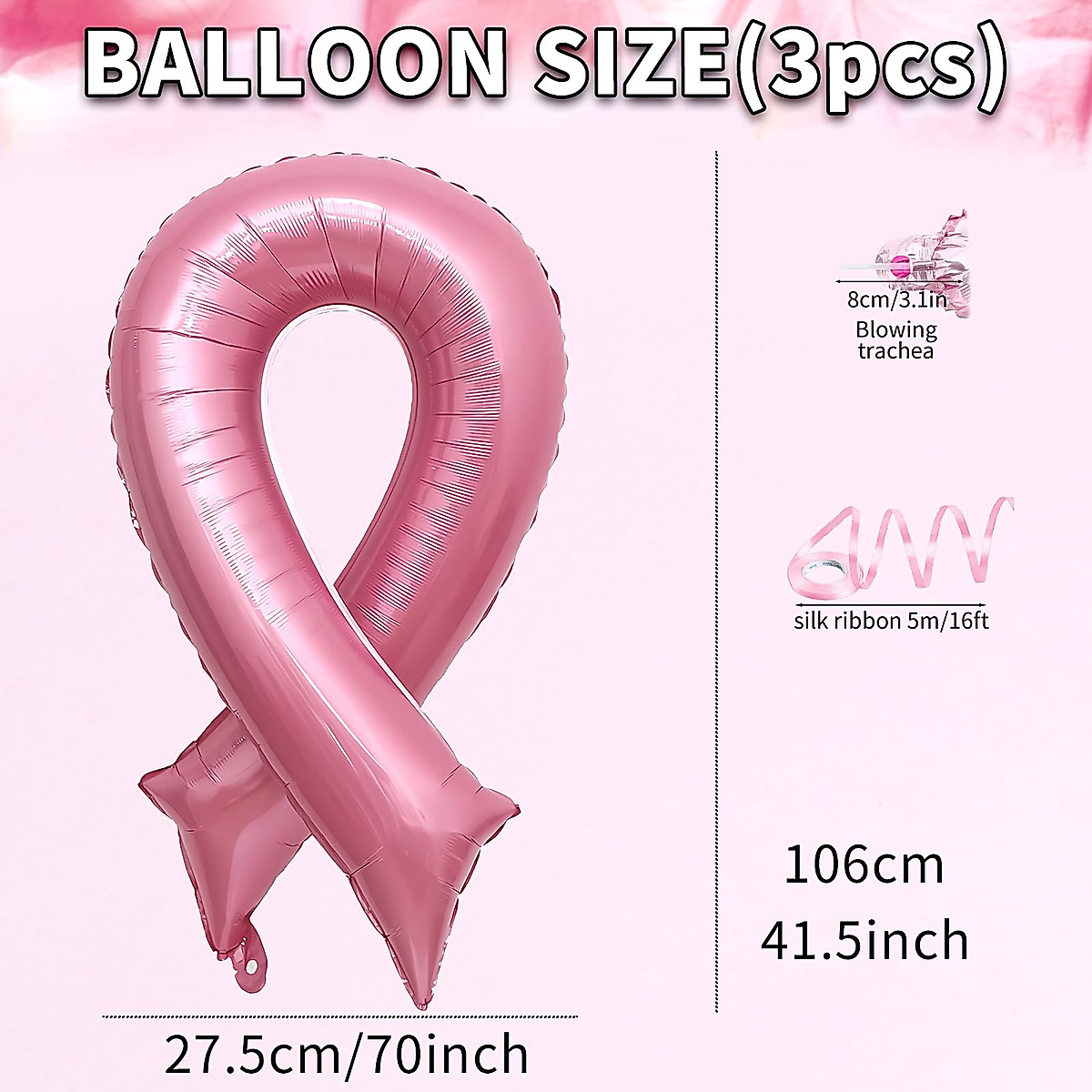 Breast Cancer Pink Ribbon Balloons Ribbon Shaped Foil Balloons Breast Cancer Awareness Aluminum Balloons Set for Party Decoration Fundraising Event Supplies 3PCS