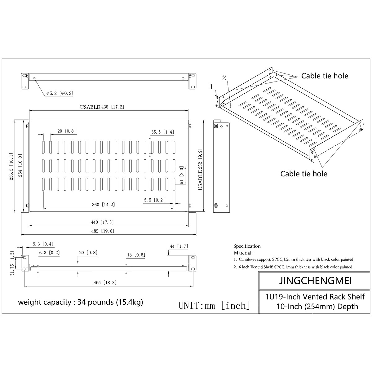 Jingchengmei 2 Pack of 1U Disassembled Vented Cantilever Server Rack Mount Shelf 10" (254mm) Deep for 19" Network Cabinet or Equipment Rack (10V2PC)
