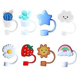 8pcs Drinking Straw Covers Cap, Lovely Cartoon Reusable Drinking Straw Tips Lids, Straw Toppers for Tumblers, Portable Cute Straw Tips Covers, Dust Proof Plugs Cap Protector (8 different patterns)