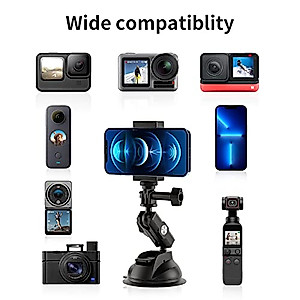 TELESIN Car Suction Cup Mount for GoPro Insta360 Phones, Windshield Window Dashboard Holder Boats Vehicle Attach for Go Pro Max Mini Hero 11 10 9 8 7 6 5 Insta 360 X2 X3 DJI Action 2 3 Accessories