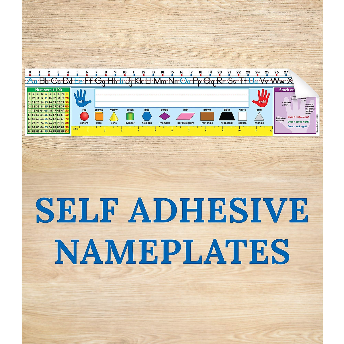 Carson Dellosa 30-Piece 17 1/2” x 4” Quick Stick Traditional Manuscript Name Tags for Classroom, Adhesive Name Plates for Student Desks, Classroom Name Tags With Ruler, Shapes, Numbers, and Alphabet