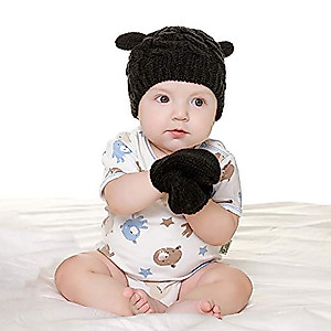 Newborn Winter Beanie Hat Gloves Set for Baby Girls Boys, Infant Toddler Warm Knitted Hat Gloves, Unisex-Baby Beanies (0-1 Months, Gray & Black)