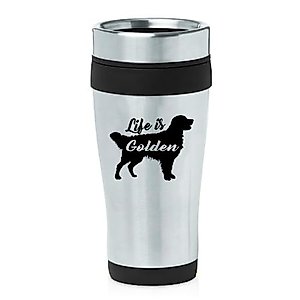 16oz Insulated Stainless Steel Travel Mug Coffee Mug Tumbler Golden Retriever 'Life is Golden' (Black)