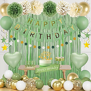 Torerun Upgraded Sage Green Birthday Party Decorations Olive Green and Gold Balloons with Happy Birthday Banner Sash,Cake Topper,Fringe Curtain,Star Hanging Swirls for Women or Girls