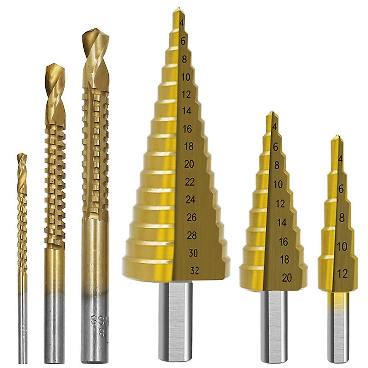 6Pcs Titanium Coated Drill Bit Set, Including 3 Sizes of Step Drill Bit and 3 Sizes of Serrated Twist Drill Bit for Metal Wood Hole Drilling