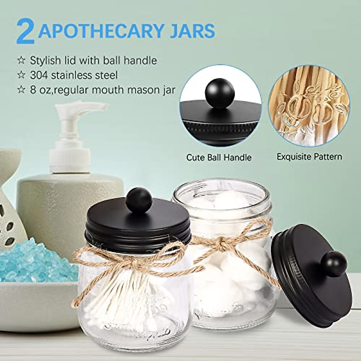 Nuscen Mason Jar Bathroom Accessories (Set of 4) Lotion Soap Dispenser,2 Apothecary Jars,Toothbrush Holder,Rustic Farmhouse Decor,Multifunction Storage Countertop Vanity Organizer Jars