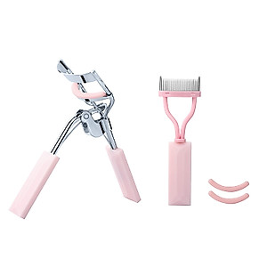 Eyelash Curler and Eyelash Comb Set with 2 Refill Pads (Pink)