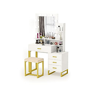PAKASEPT Vanity Set with Lighted Mirror, Makeup Vanity Dressing Table with LED Light, Drawers, Storage Shelves and Cushioned Stool, Small Vanity Desk for Bedroomy,39.4"L x 15.7"W x 63"H