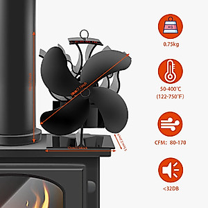 VAZILLIO Heat Powered Stove Fan Built-in Temperature Indicator 4-Blade Fireplace Fans 2 in 1 Placement Design 50℃-400℃ Fast Running Wood Stove Fan More Efficient and Silent Heat Powered Stove Fan