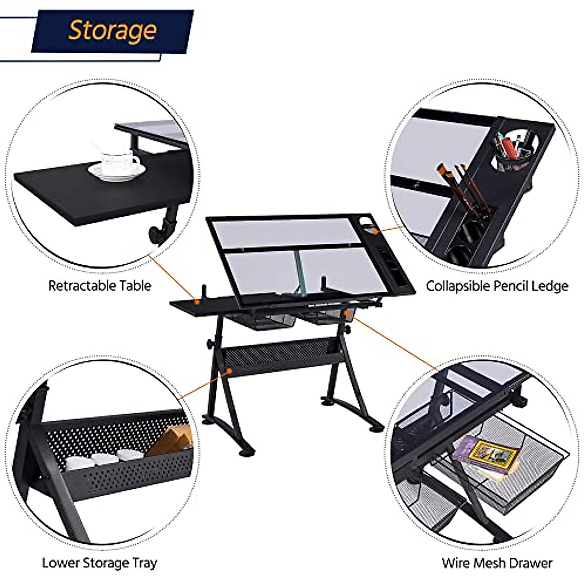 Yaheetech Drawing Table, Art Craft Desk with Adjustable Tabletop, Painters/Artist Work Station, Study Table with Stool, Tempered Glass Top