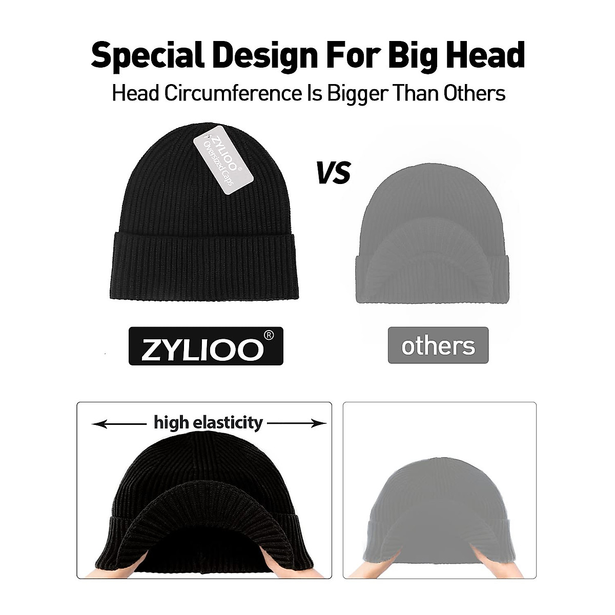 Zylioo XXL Knit Beanie Cap,Oversize Stocking Hats for Big Heads,Cuffed Skull Caps,Large Stretchy Winter Hats Black