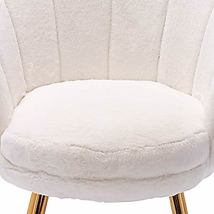 Plush Faux Fur Upholstered Living Room Chair, Comfy Mid-Century Modern Micro Fiber Vanity Chair with Gold Legs, Retro Accent Barrel Dining Chair, White