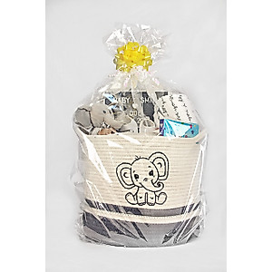 Rope Basket with Baby Elephant, Toy Storage, Nursery Storage, Blanket Storage, 14”x11”x12, White, Grey