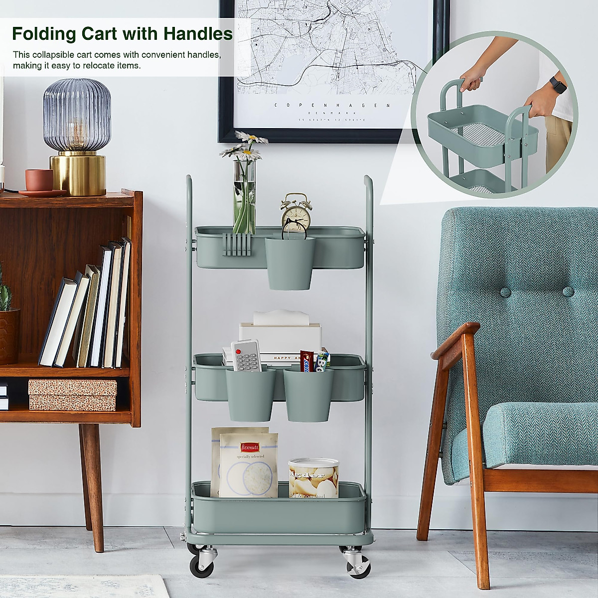 DTK 3 Tier Foldable Rolling Cart, Metal Utility Cart with Lockable Wheels, Folding Storage Trolley for Living Room, Kitchen, Bathroom, Bedroom and Office, Green