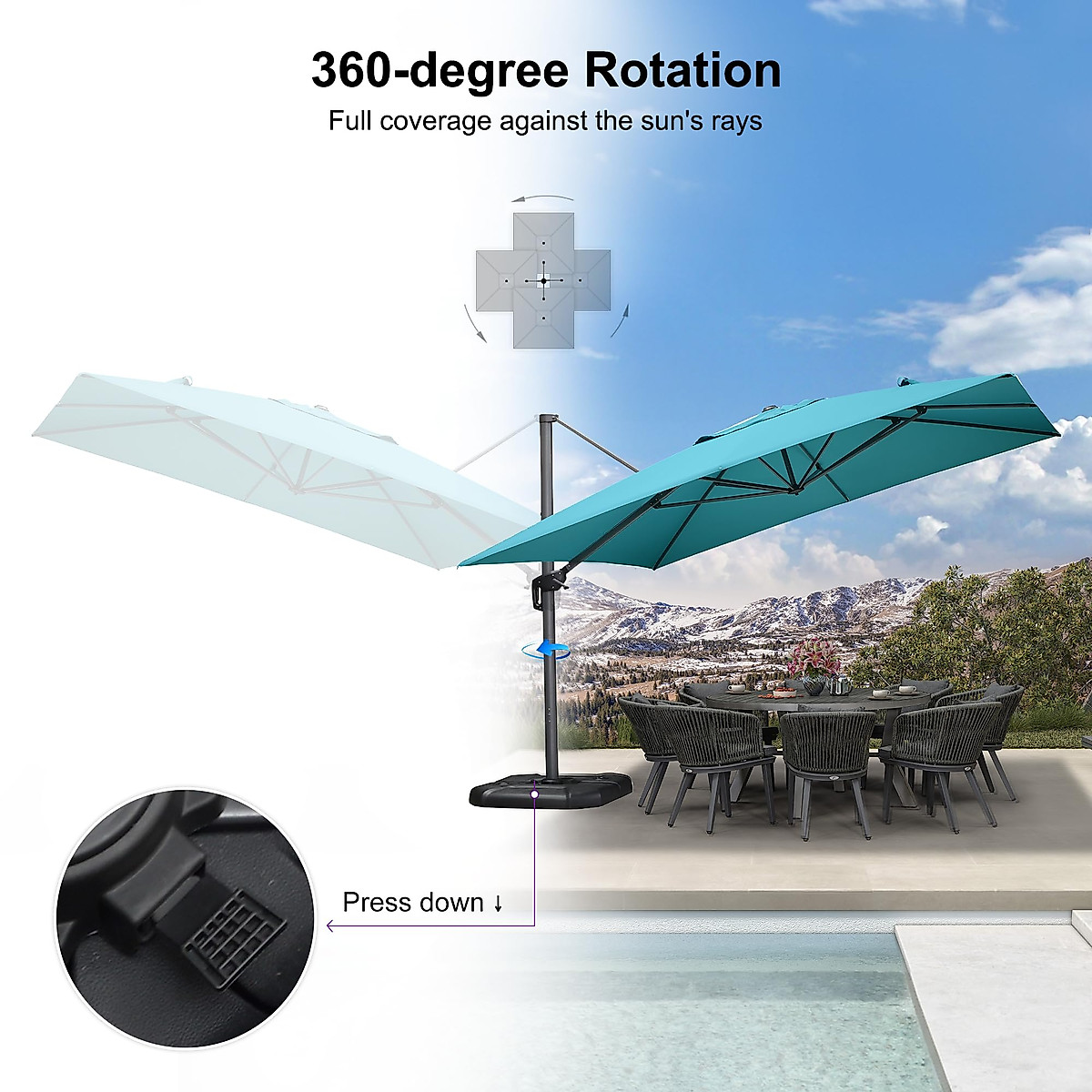 PURPLE LEAF 11.5' X 11.5' Telescopic Patio Umbrella Outdoor Cantilever Umbrella Square Up Down Lifting Offset Umbrella with 360-degree Rotation for Garden Deck Pool Patio Turquiose