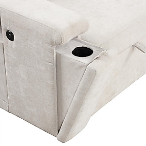 L-Shaped Corner Sectional Sofa Couch, Modern Padded Modular Sofa with Storage Space, USB Ports and Cup Holders on The Armrests, Suitable for Living Rooms, Offices, Apartments (Beige-87WD)