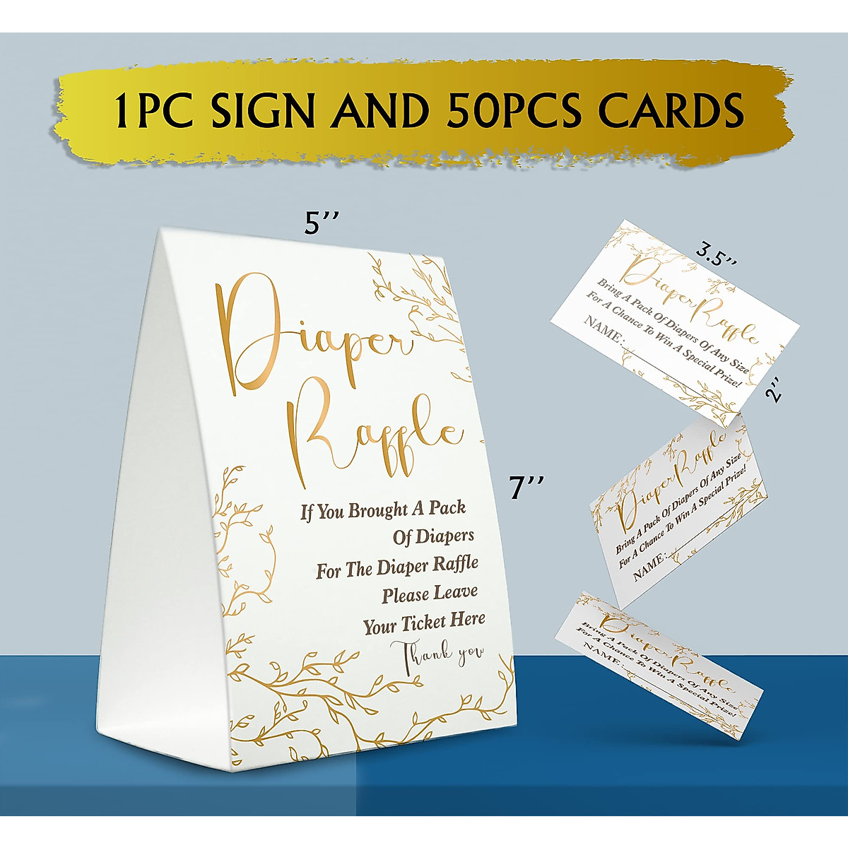 Diaper Raffle Sign,Diaper Raffle Baby Shower Game Kit (1 Standing Sign + 50 Guessing Cards),Golden Insert Ticket,Baby Showers Decorations,Card for Baby Shower Game to Bring a Pack of Diapers-XN29