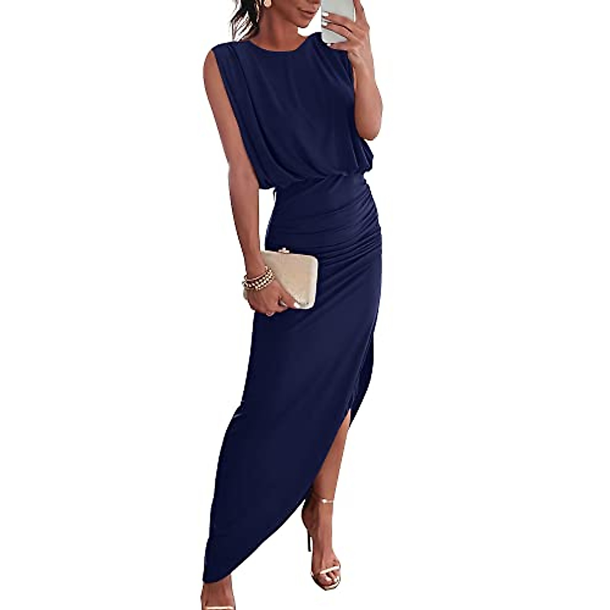 BTFBM Women Sleeveless Ruched Bodycon Dress 2023 Summer High Waist Asymmetrical Slit Formal Party Cocktail Maxi Dresses(Solid Navy, Large)