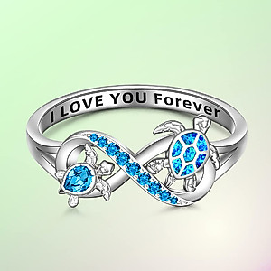 Sea Turtle Ring Blue Opal 925 Turtle Rings for Women Sterling Silver Infinity Cute Ocean Tortoise Jewelry I Love You Forever BFF Mother Day Christmas Gifts Size 6