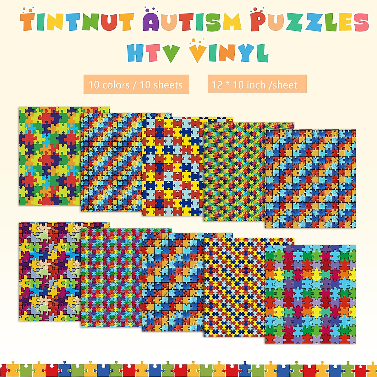 Tintnut Puzzle Pieces Heat Transfer Vinyl - 10 Sheets 10x12 Inch Autism Awareness Puzzles Craft Cutter HTV Vinyl Rainbow Color Pattern Printed Iron on Vinyl for Silhouette Cameo or Cricut
