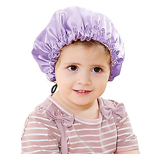 greatremy Kids Satin Bonnet Sleep Cap,Double Layer Soft Elastic Baby Satin Natural Hair Bonnets with Adjustable Drawstring for Girl Boy Infant Toddler Child Sleeping (Reversible Champagne/Purple)