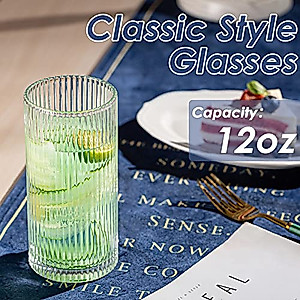 Claplante Drinking Glasses, Origami Style 6 pcs Glass Cups with straw, 12oz Highball Glasses, Elegant Ripple Vintage Glassware, Ribbed Glasses, Iced Coffee Glasses Ideal for Cocktail Whiskey, Juice