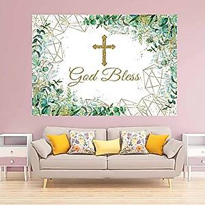 Avezano God Bless Backdrops First Holy Communion Banner Baptism Christening Party Decorations Eucalyptus Green Leaves Newborn Baby Shower Baptism Photography Background 7x5ft