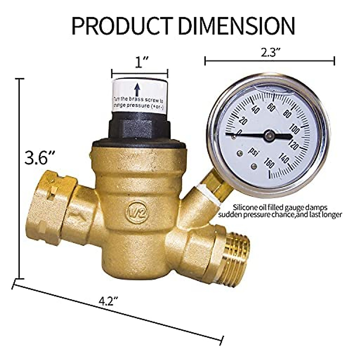 Hourleey Water Pressure Regulator Valve, RV Brass with Gauge and Inlet Screened Filter for Camper Trailer