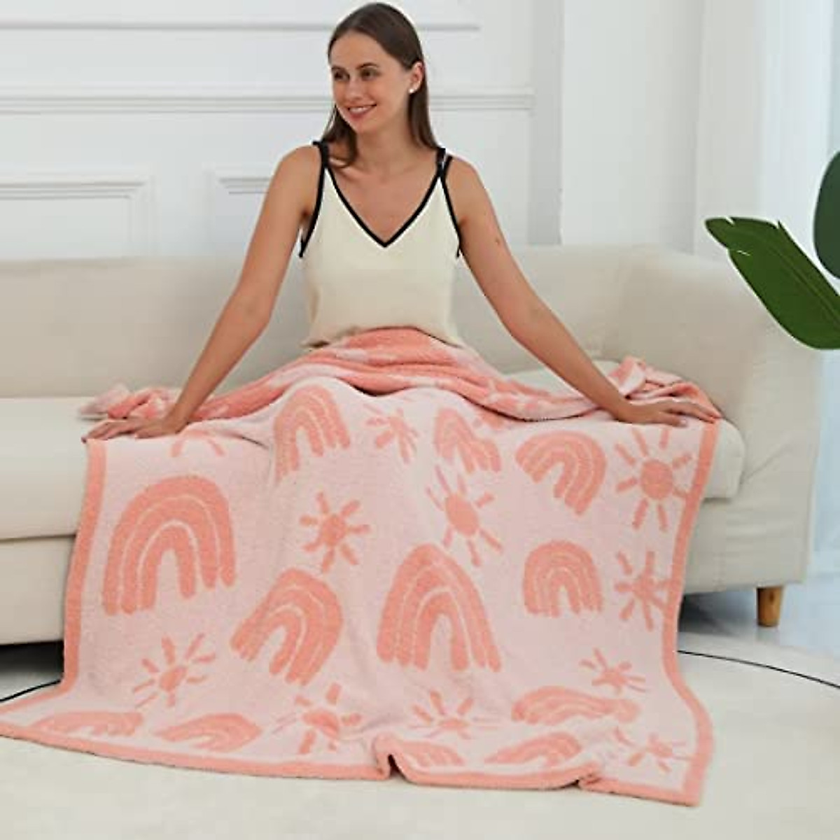 Luxury Fleece Rainbow Sunshine Pattern Throw Blanket Knitted Ultra Soft Reversible Blanket Air Feel Cozy Warm for Bed Sofa Couch in All Seasons, 51"x63", Pink