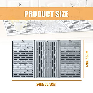 Collapsible Silicone Dish Drying Mat, 24” X 13” Trifold Drying Mat for Kitchen Counter, Non-slip, Heat Resistant, Foldable Kitchen Drying Mats, Counter Top Mat, Dish Drainer Mats, Sink Mat (Grey)