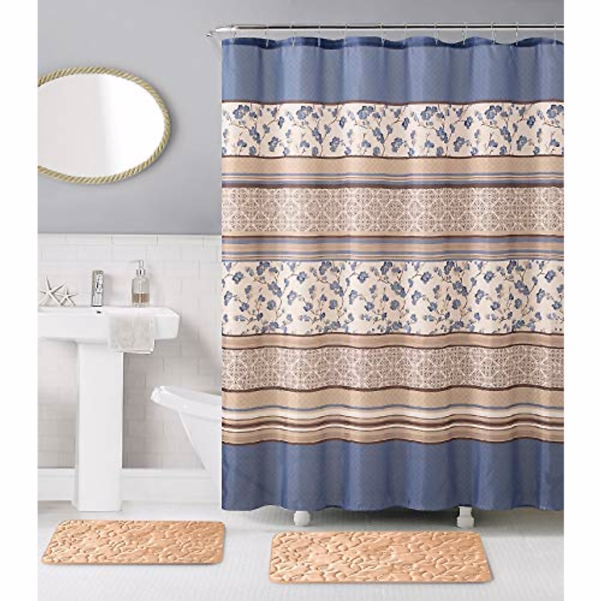 BH Home 15 Pieces Shower Curtain and Super Soft Memory Foam Rugs Set. 100% Microfiber Mats. (Madelyn)