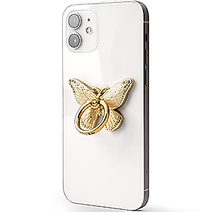 Cell Phone Ring Holder Stand with Crystal Stone and Enamel Process, Butterfly 360° Rotation Finger Kickstand Metal Back Stand Hand Grip with Knob Loop Compatible with Smartphone (Gold Pearl White)