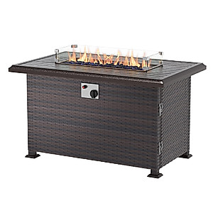 ASJMR Outdoor Patio Furniture Set with Gas Fire Pit Table, 8 Pieces Outdoor Furniture Set Patio Sectional Sofa w/43in Propane Fire Pit, PE Wicker Rattan Patio Conversation Sets - Teal.