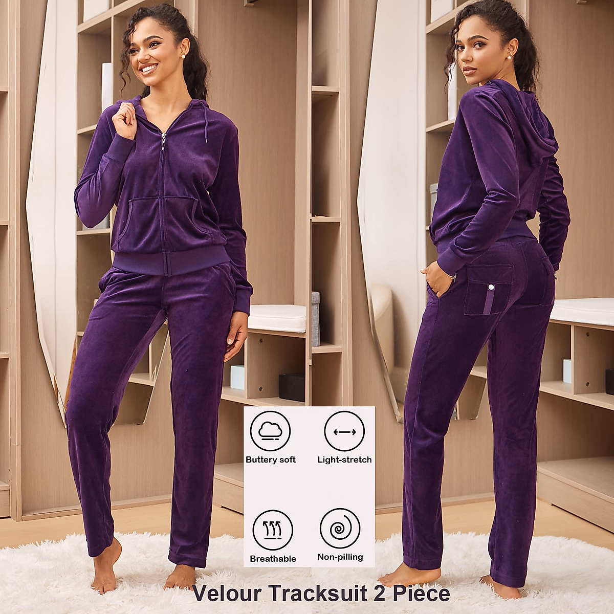 LeeHanTon Womens 2 Piece Outfits Velour Tracksuits Long Sleeve Sweatsuits Sports Jogging Velvet Lounge Set LJS200 Purple 3XL