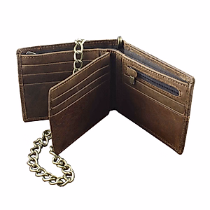 New Vintage Brown Leather Wallet With Chain Mens Bifold /Many Card Holder